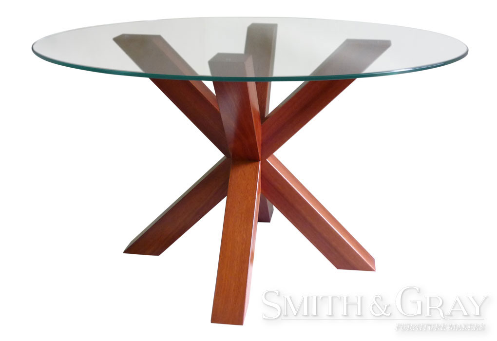 Round Glass Top Dining Table with Jarrah Timber Cross Legs - SMITH & GRAY